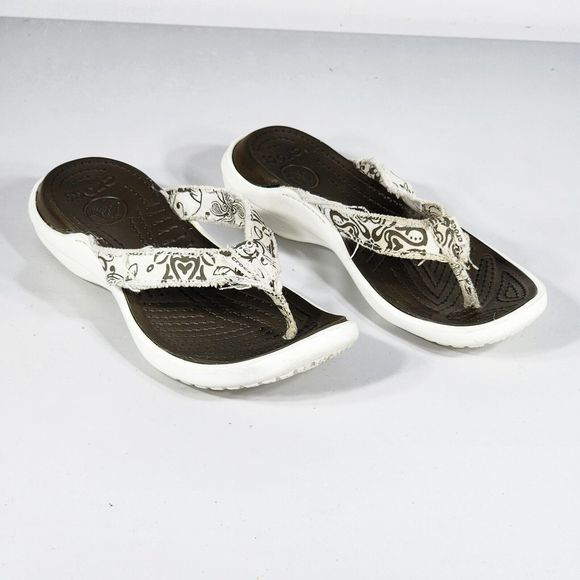 CROCS | Shoes | Crocs Flip Flop Womens Sandals White Brown Floral ...